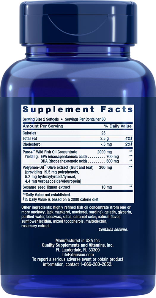 Super Omega 3. EPA DHA Fish Oil With Olive Extract & Sesame Lignans, 120 softgels - Life Extension