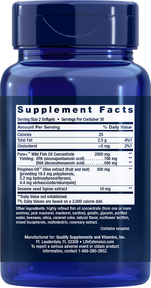 Super Omega-3 EPA/DHA Fish Oil, Sesame Lignans & Olive Extract, 60 softgels - Life Extension
